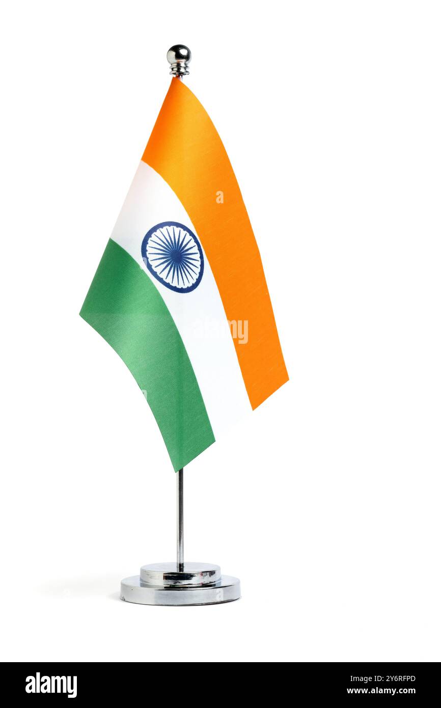 Tabletop national flag India on metal flagpole. White background Stock ...