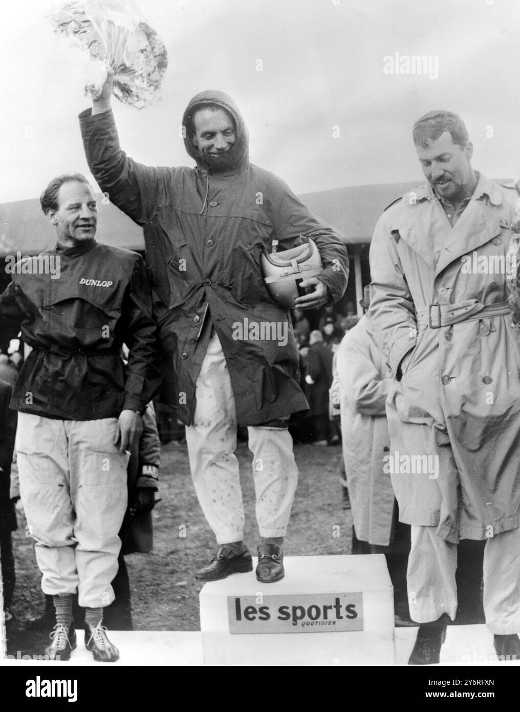 RACING DRIVER INNES IRELAND AT GRAND PRIX PODIUM WITH JOAKIM BONNIER ...