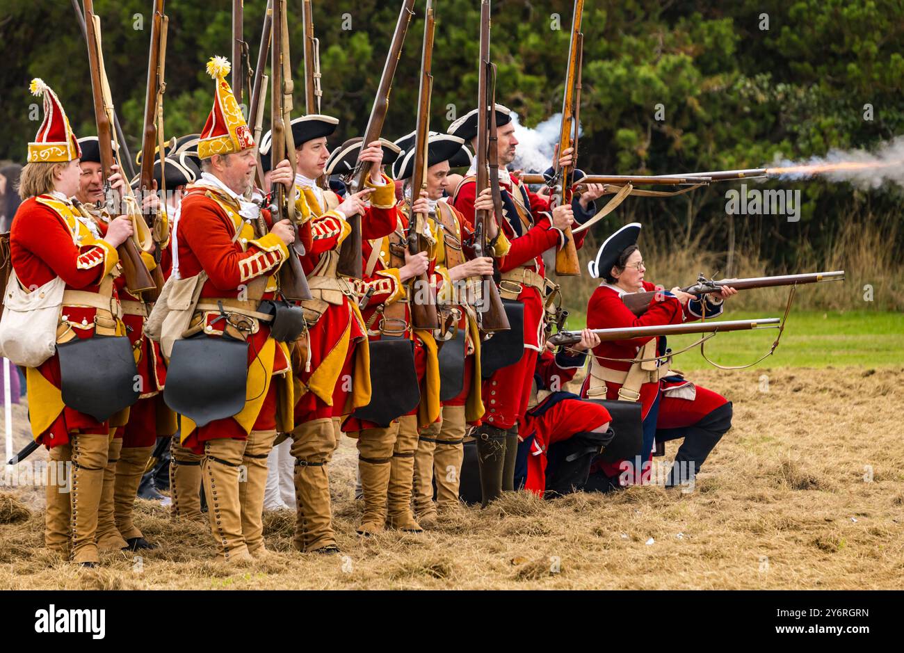 Hanoverian army or redcoat soldiers fire muskets in Battle of ...