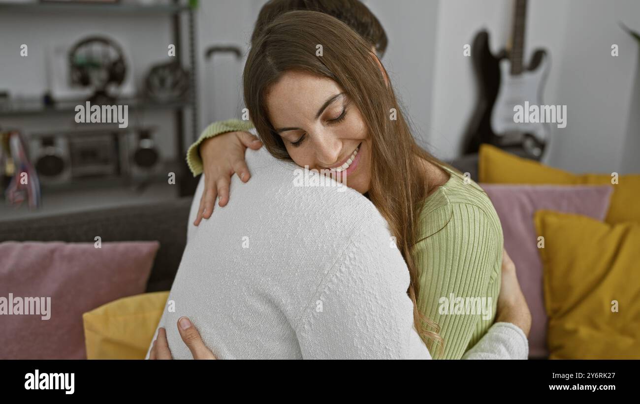 A loving couple embraces in a cozy living room, sharing an intimate ...