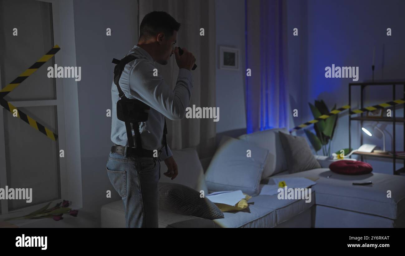 An intent hispanic detective, illuminated by blue light, investigates ...