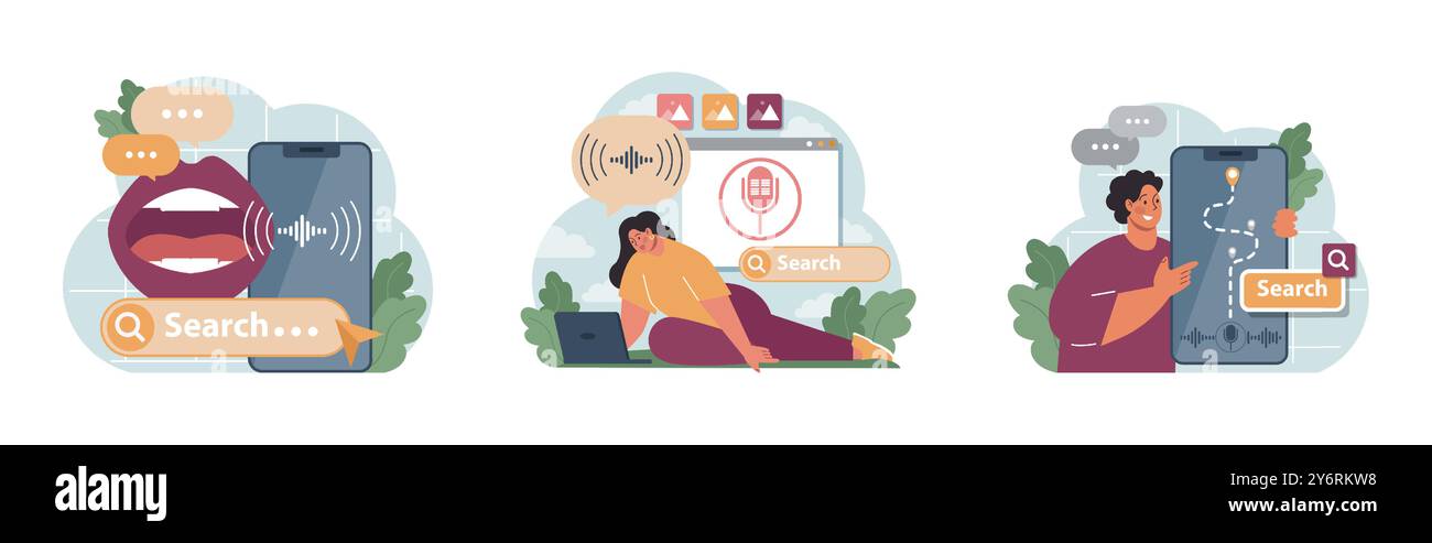 Voice search set. Artificial intelligence virtual assistant. Character ...