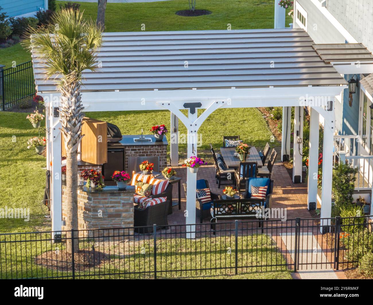 Outdoor patio pergola shade structure made of painted white wood ...
