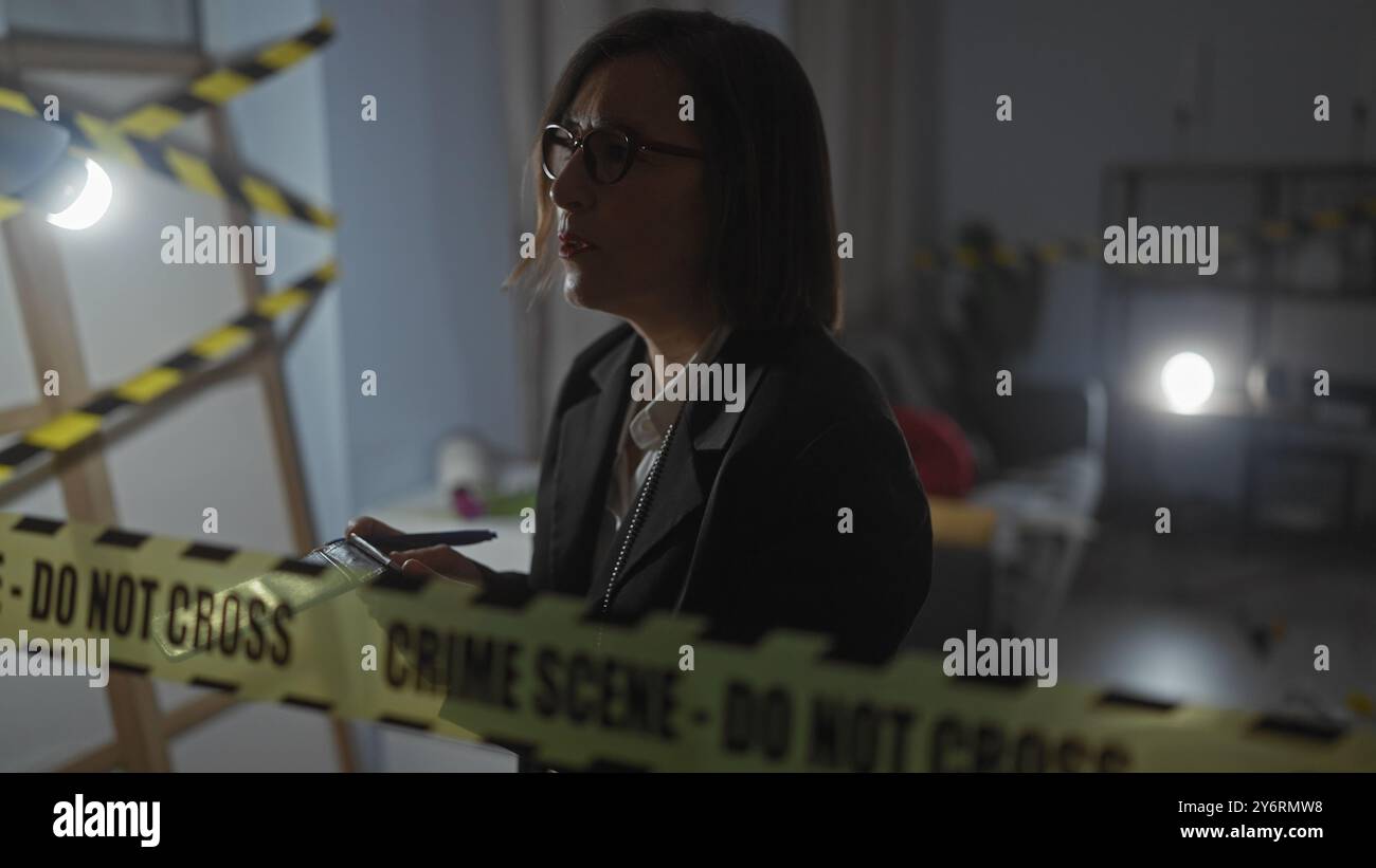 A middle-aged woman examines a crime scene indoors, with police tape ...