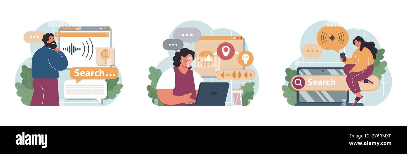 Voice search set. Artificial intelligence virtual assistant. Character ...