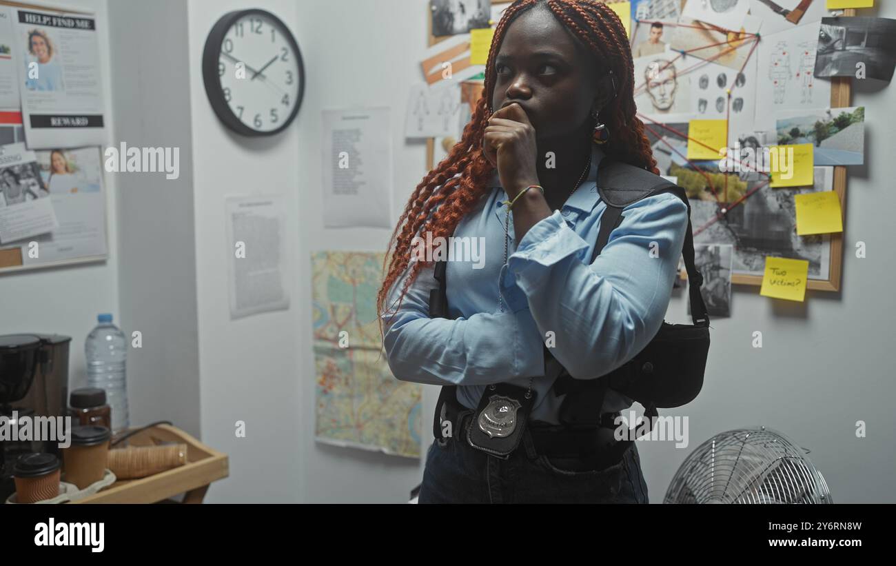 A contemplative african american woman detective in a police station ...