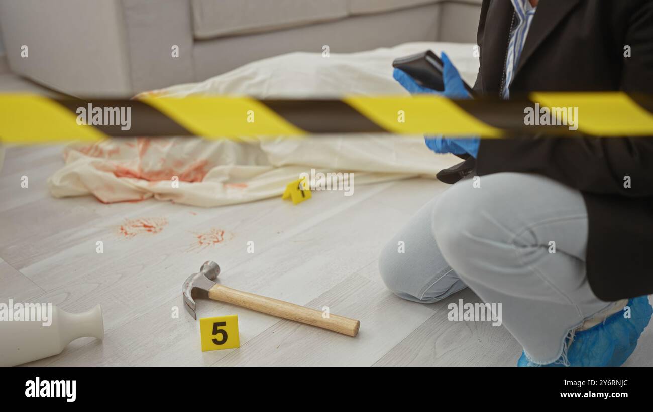 Mature woman detective analyzes a crime scene indoors with evidence ...