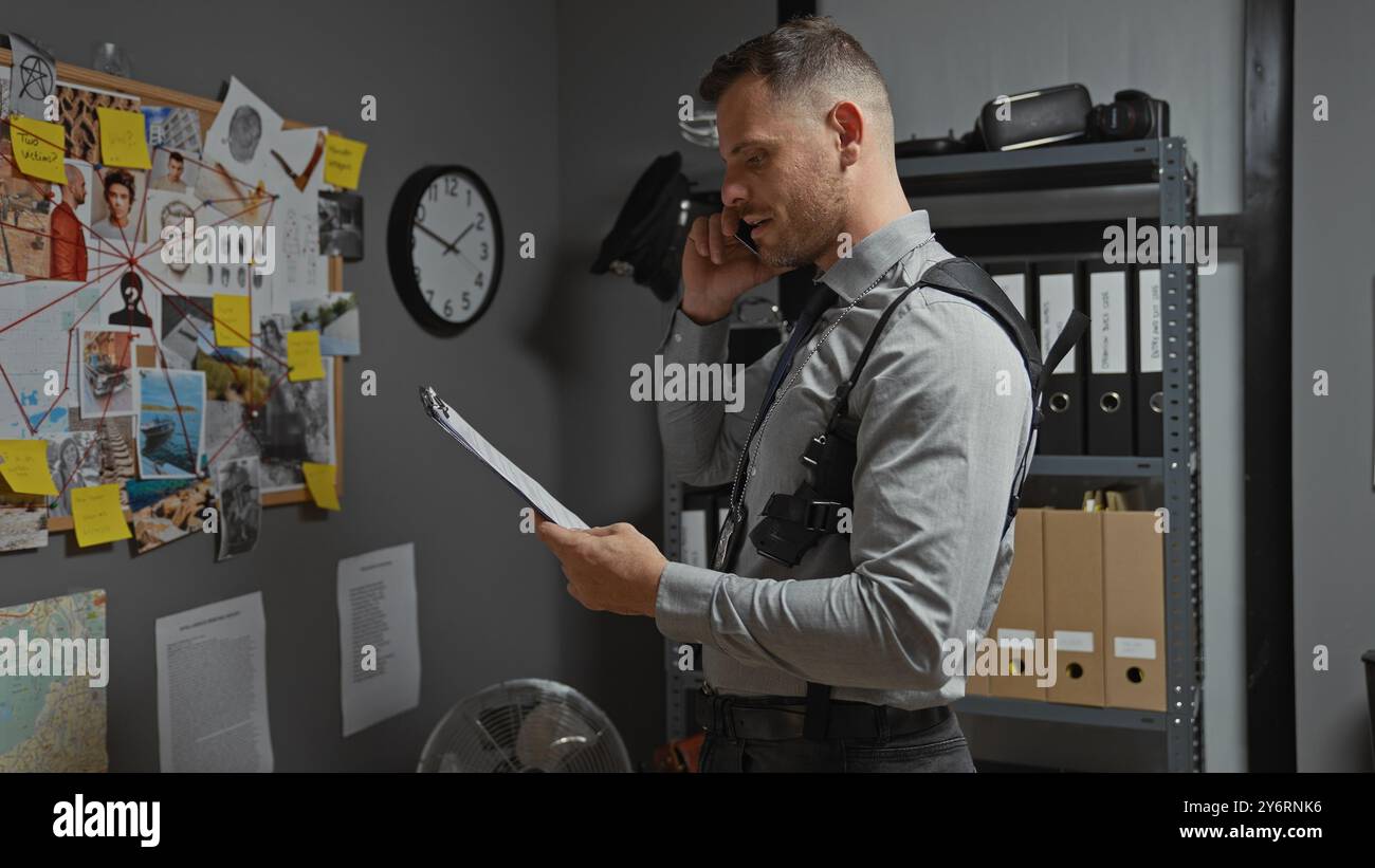 A thoughtful detective in a grey shirt with suspenders analyzes clues ...