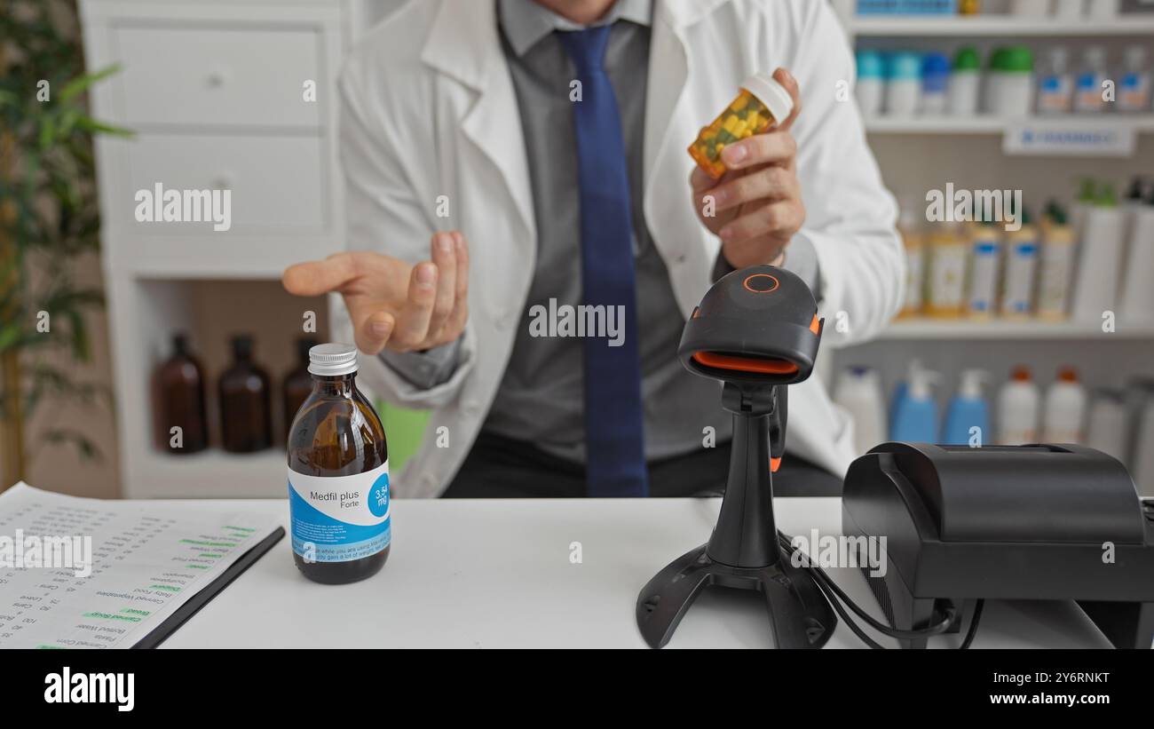 A professional hispanic male pharmacist examines medication behind the ...
