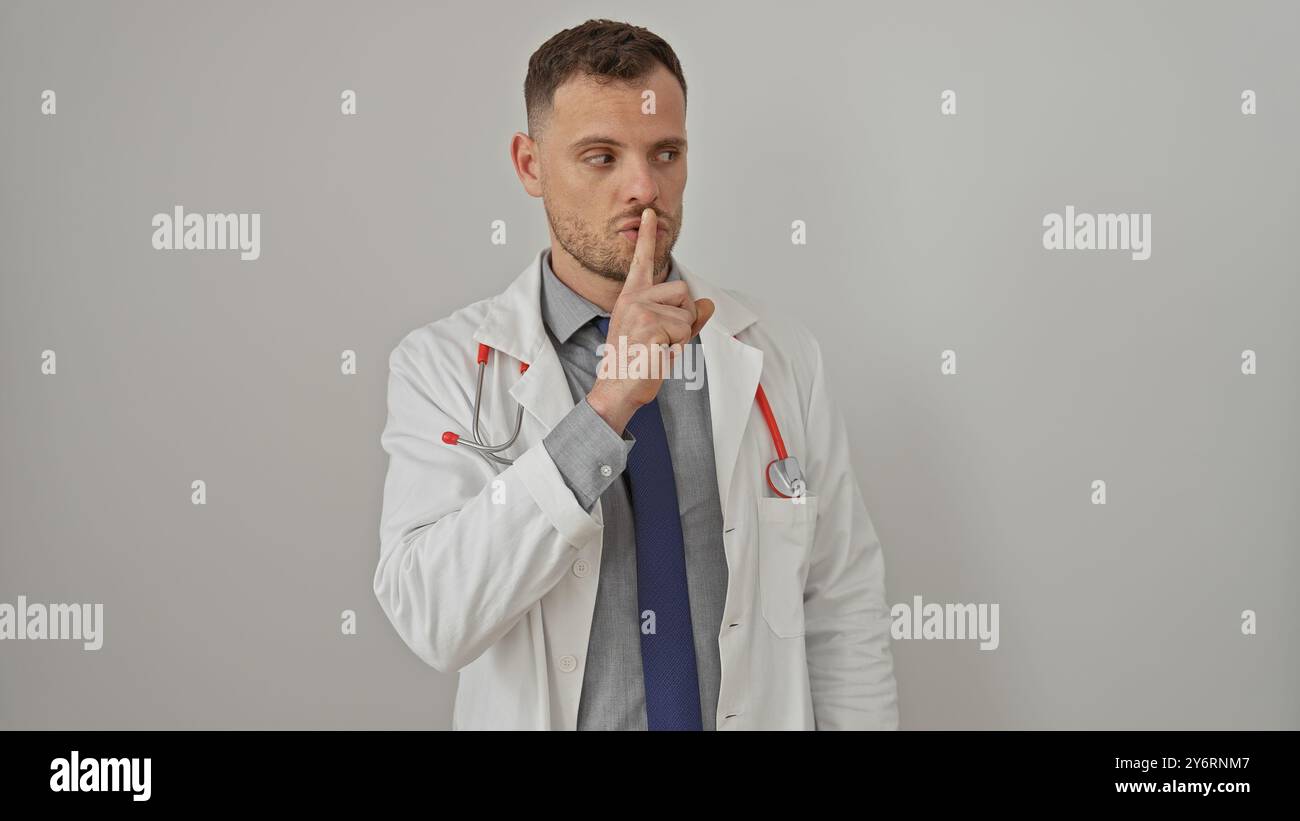 A young man in a white lab coat gesturing silence against a white ...