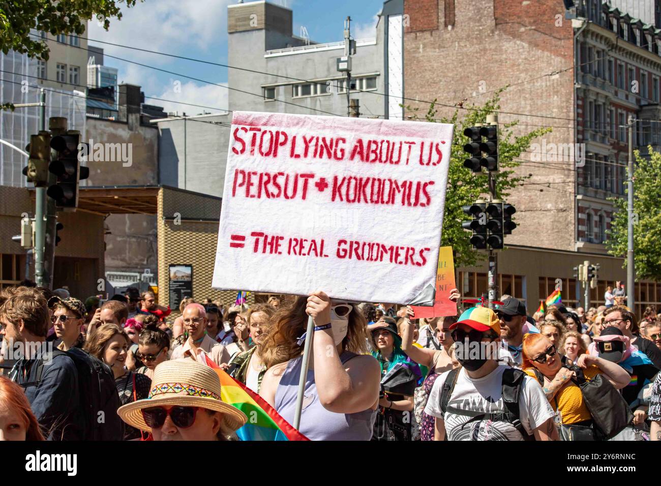 Political protest sign at Helsinki Pride 2024 Parade on Mannerheimintie ...