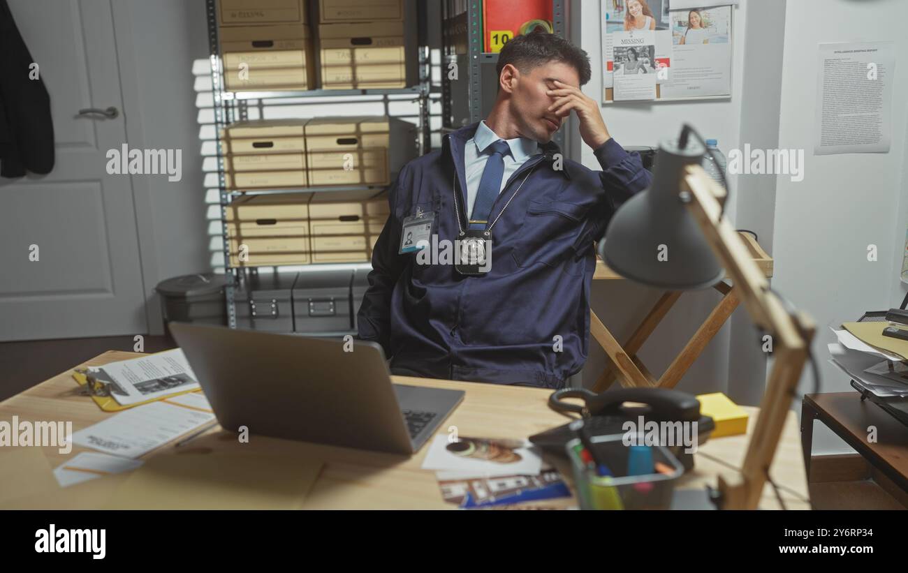 A tired hispanic detective man in an office surrounded by case files ...