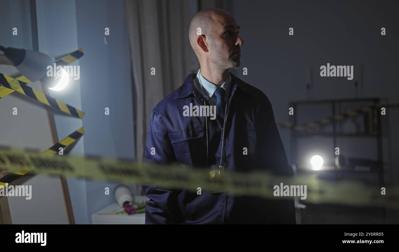 A bald man in a blue uniform with a badge stands inside a dimly-lit ...