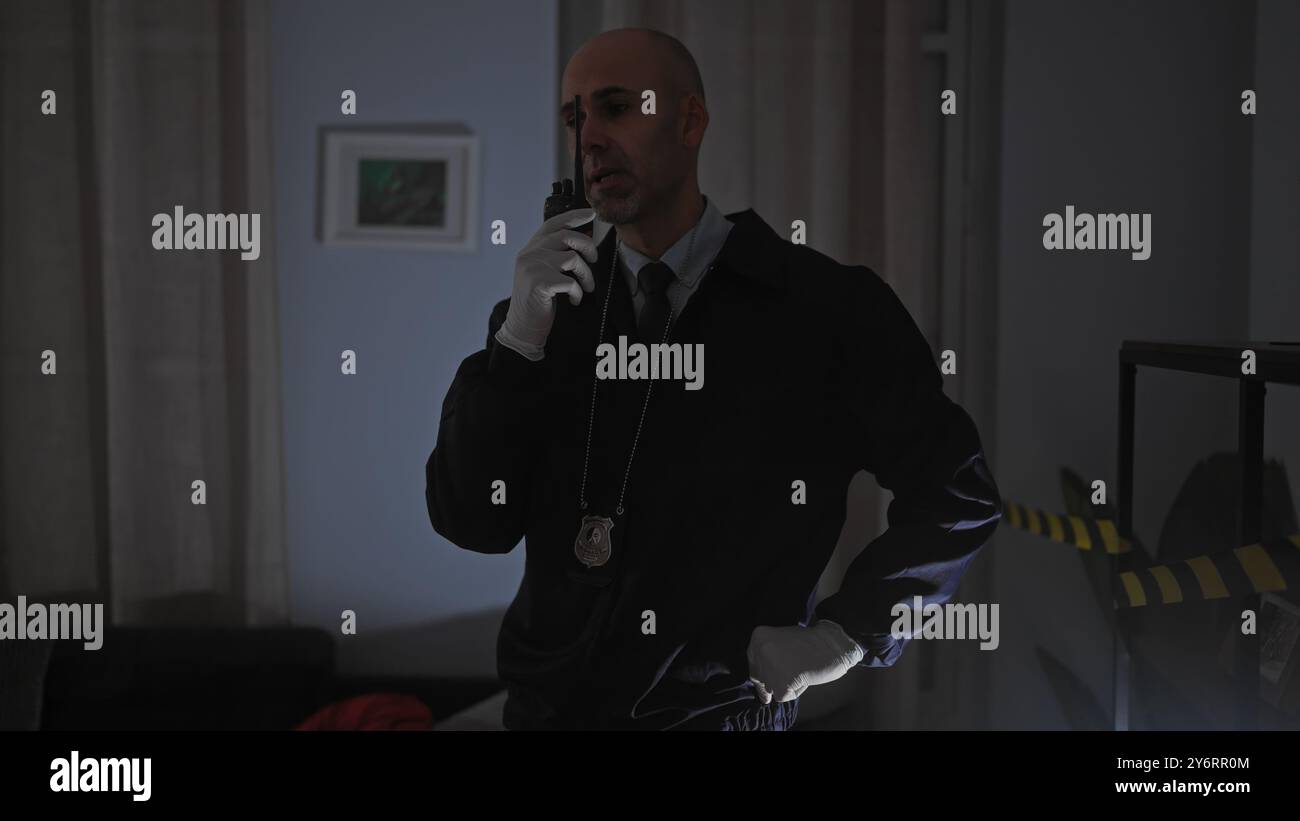 A bald detective in gloves communicates on radio at an indoor crime ...
