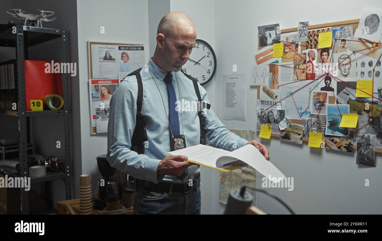 Bald man detective analyzing documents in a cluttered police station ...