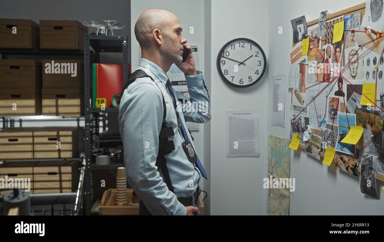 Bald hispanic man with beard in police station office, on phone, beside ...
