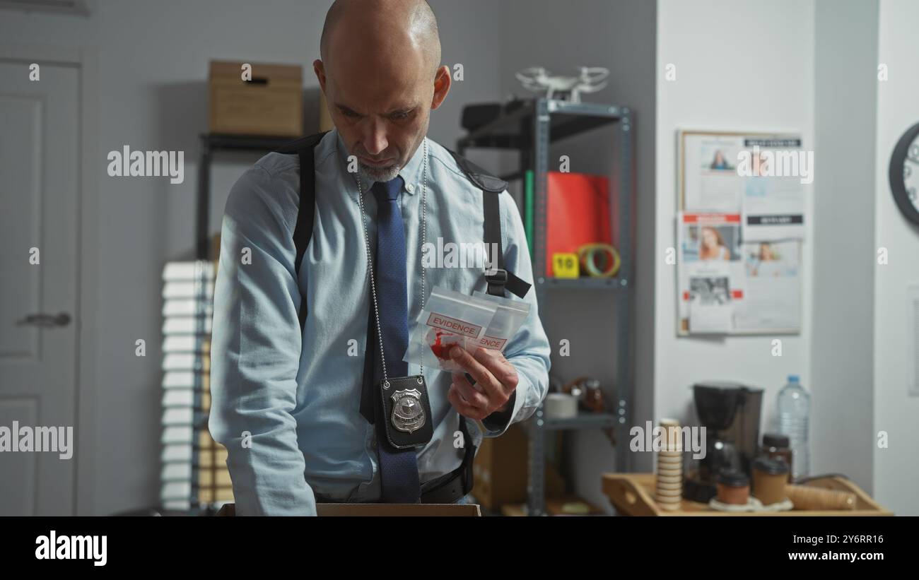 Serious bald man analyzing evidence in a detective's office, conveying ...