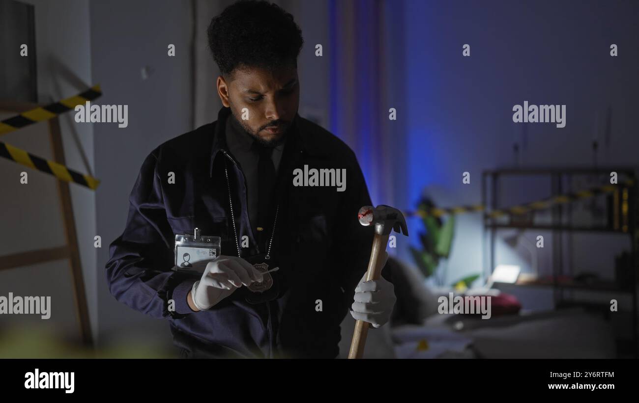 An african american man analyzes a crime scene with a hammer as ...