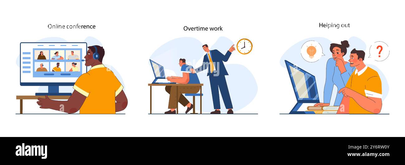 Office interactions set. Team communication scenes. Work process ...
