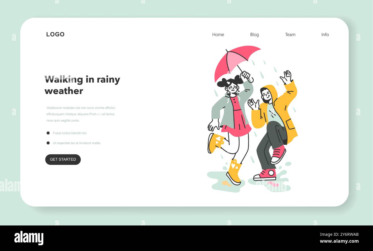 Children playing under the rain web banner or landing page. Rainy and ...