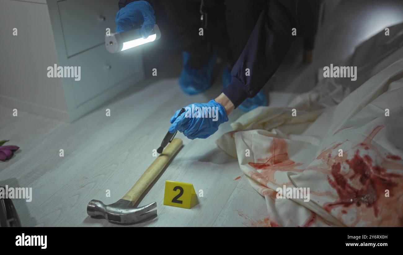 Detective examines a bloody hammer at a numbered indoor crime scene ...