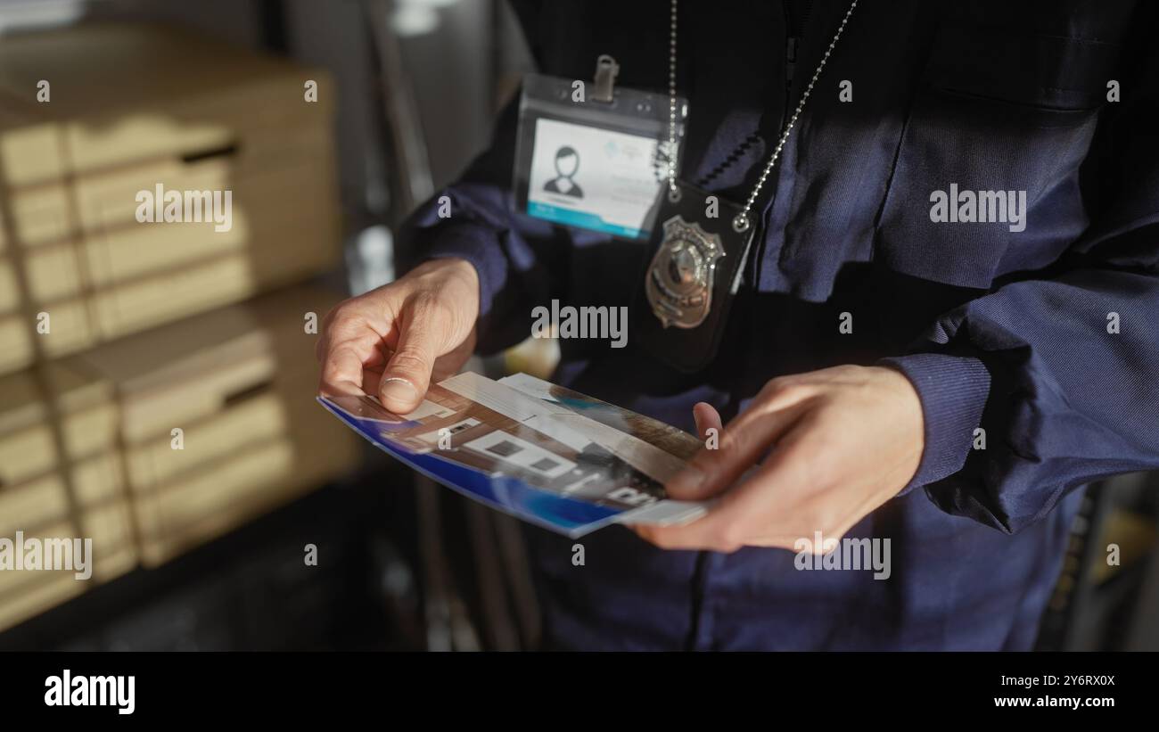 A man in a police uniform analyzes crime scene photographs in an office ...