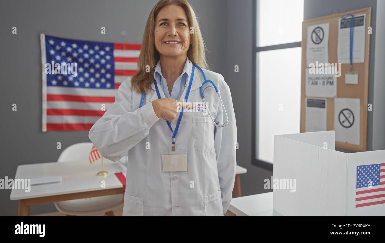A confident middle-aged woman medical professional points at her 'i ...