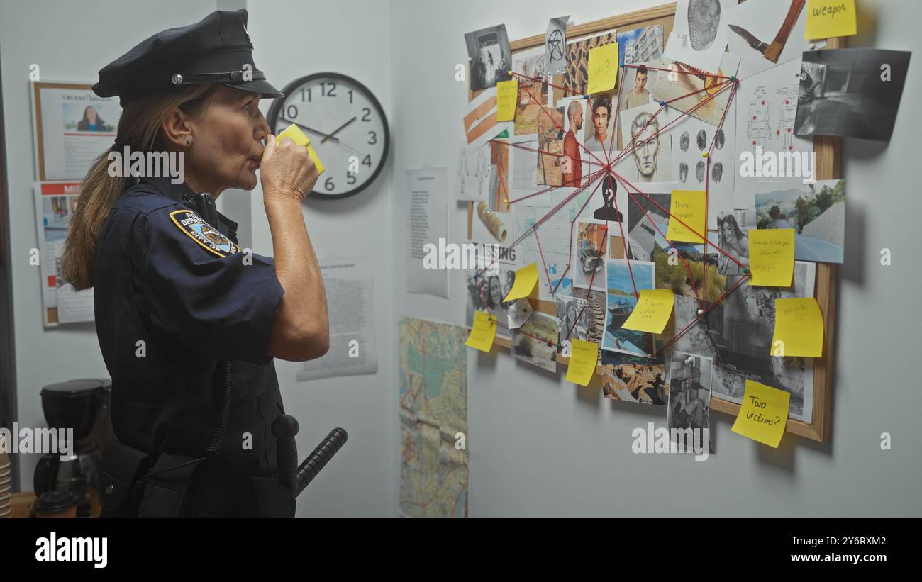 A female officer sips coffee in a police station, surrounded by an ...