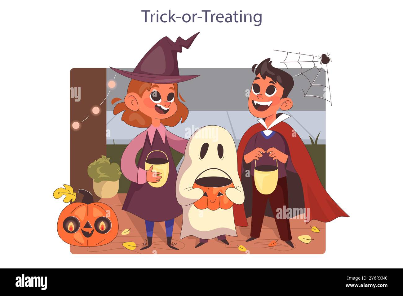 Halloween celebrating. Happy children wearing costume trick or treating ...