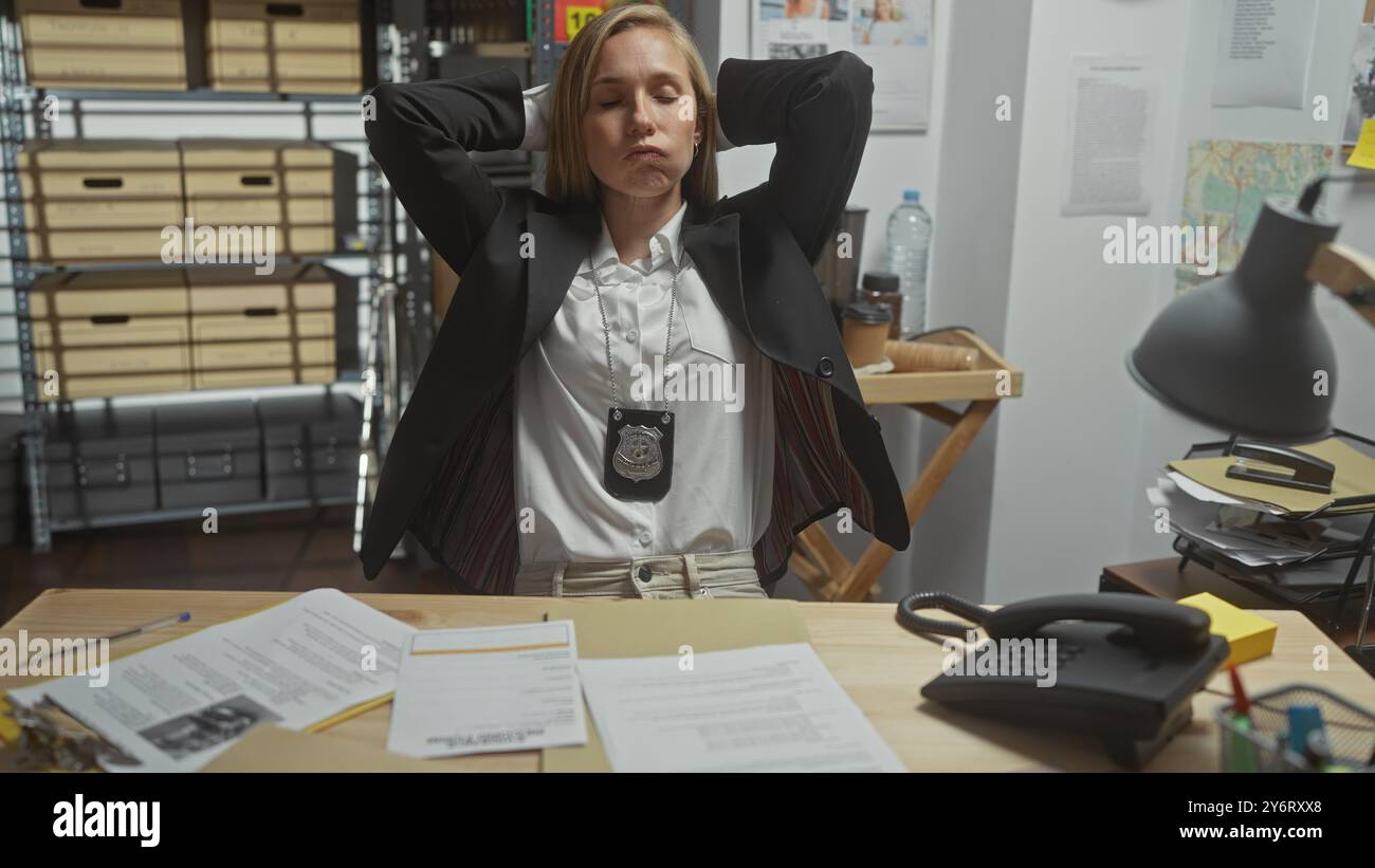 A tired young woman detective with blonde hair relaxes in a cluttered ...