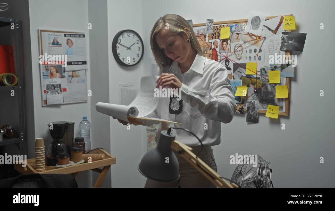 A focused young woman detective examines evidence in a police station ...