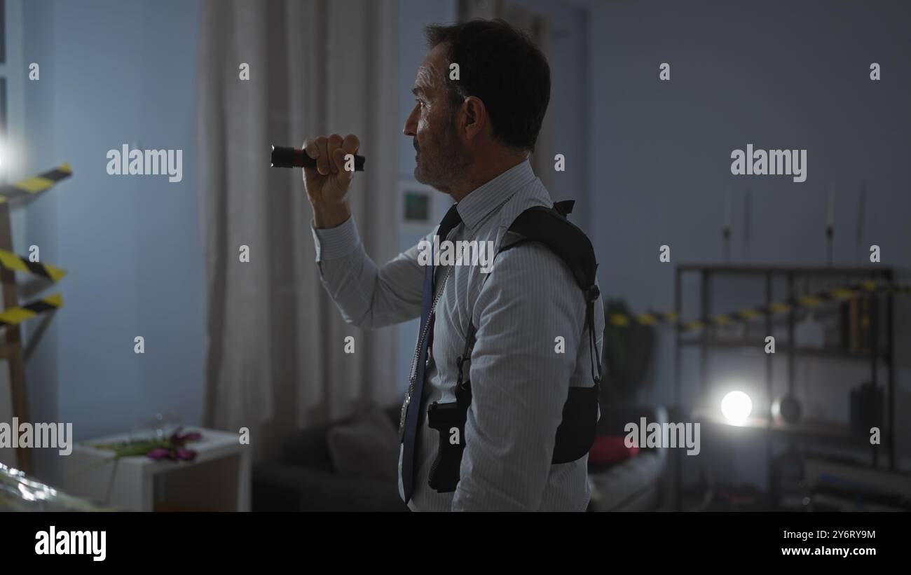 Mature man with flashlight investigating a dimly lit indoor crime scene ...