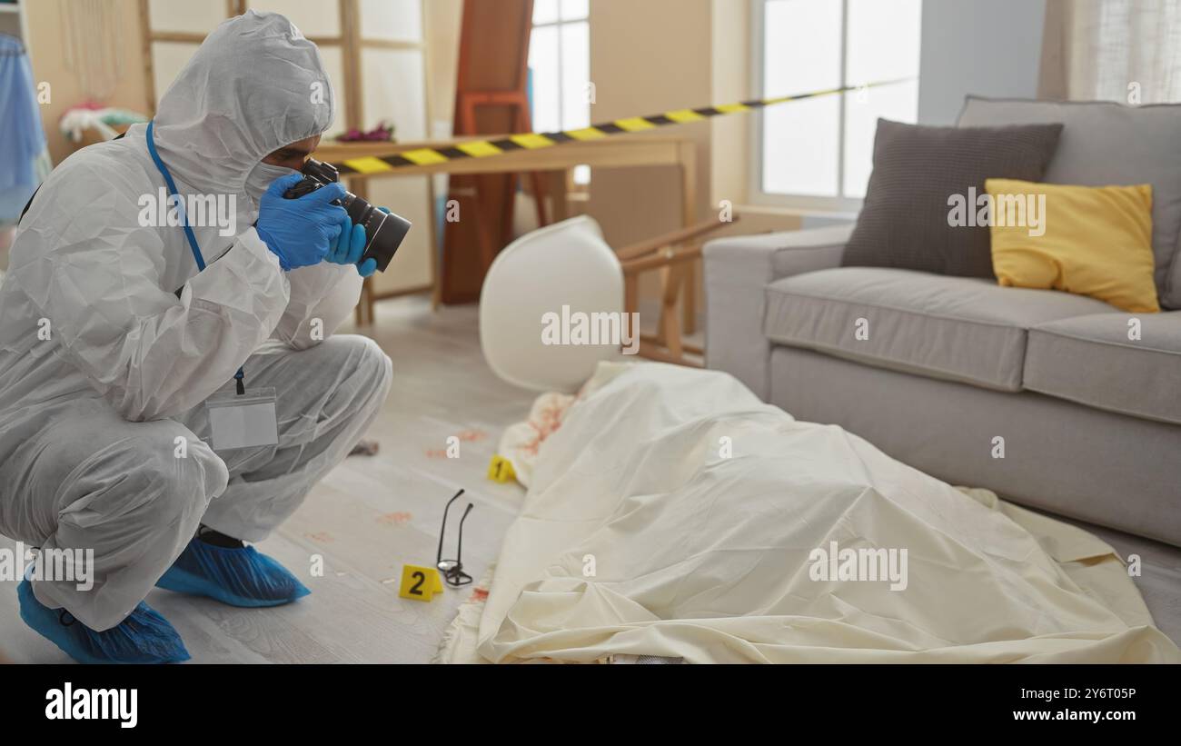 Forensic man photographing evidence in a living room crime scene with a ...