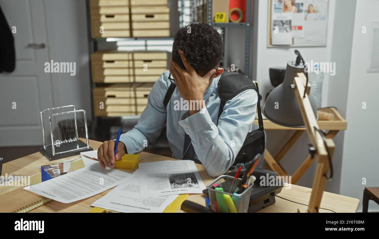 A stressed man at a cluttered police department desk surrounded by ...