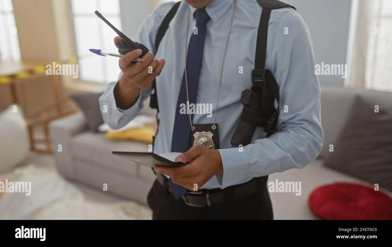 Man investigator radio communication indoor crime scene living room ...