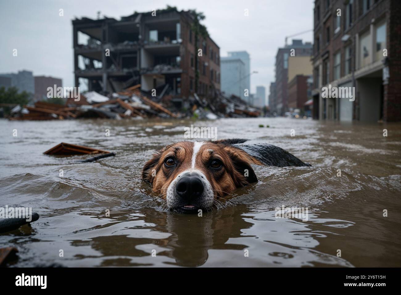 A frightened dog's head emerges from the water as it as it struggles to ...