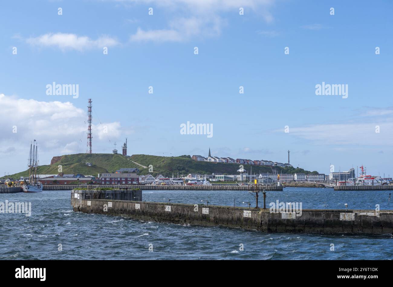 View of the offshore island of Heligoland from the outer harbour, cliff ...