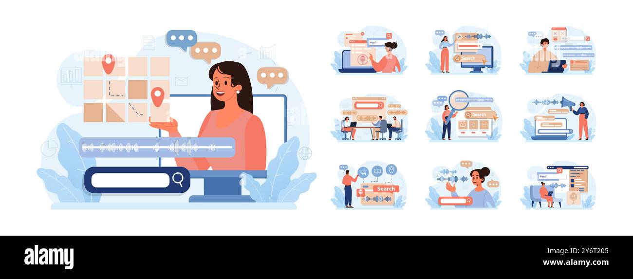 Voice search set. Artificial intelligence virtual assistant. Character ...