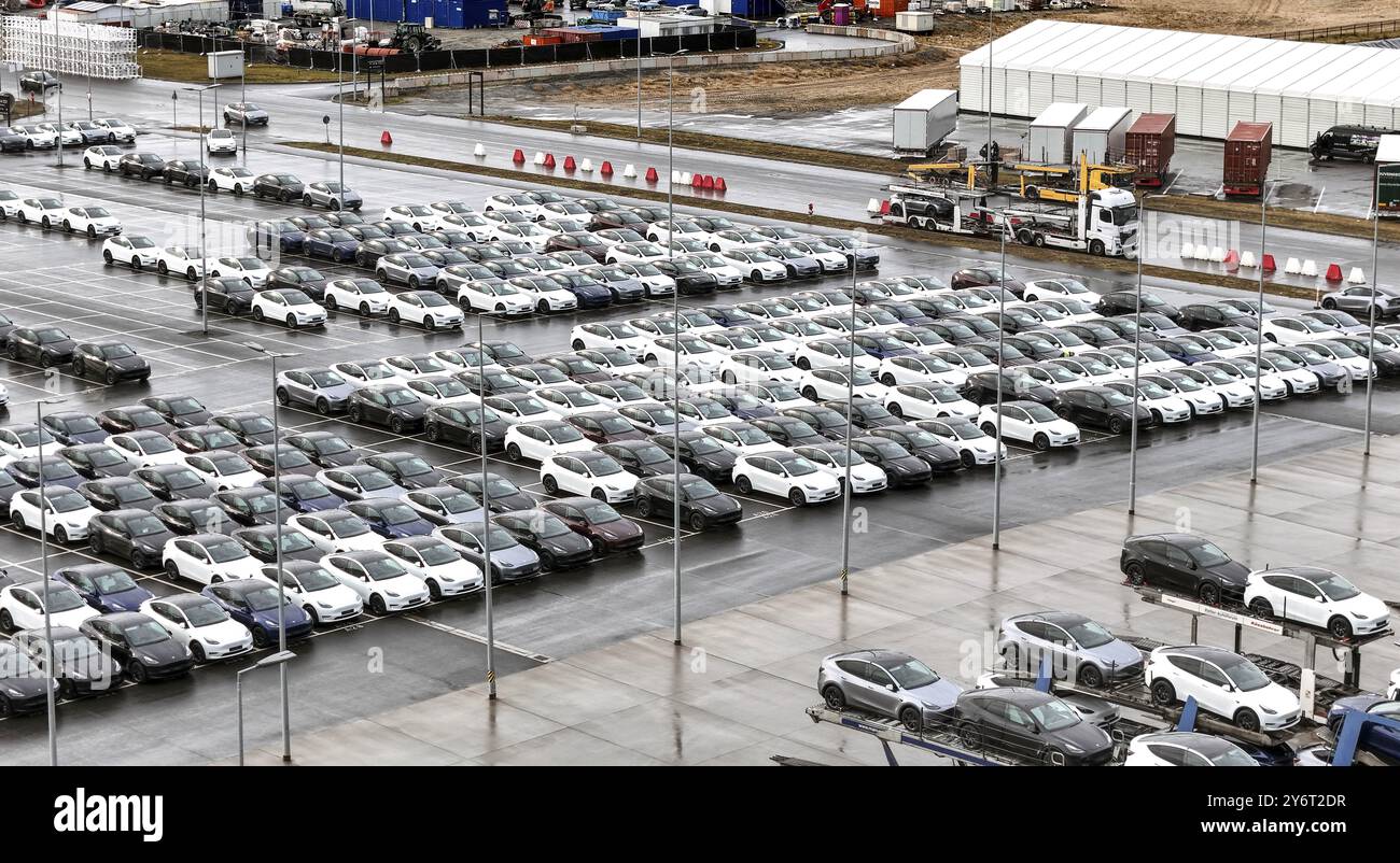 Tesla Y new cars parked in a car park at the Tesla Giga Factory ...
