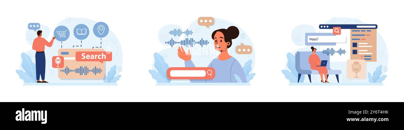 Voice search set. Artificial intelligence virtual assistant. Character ...