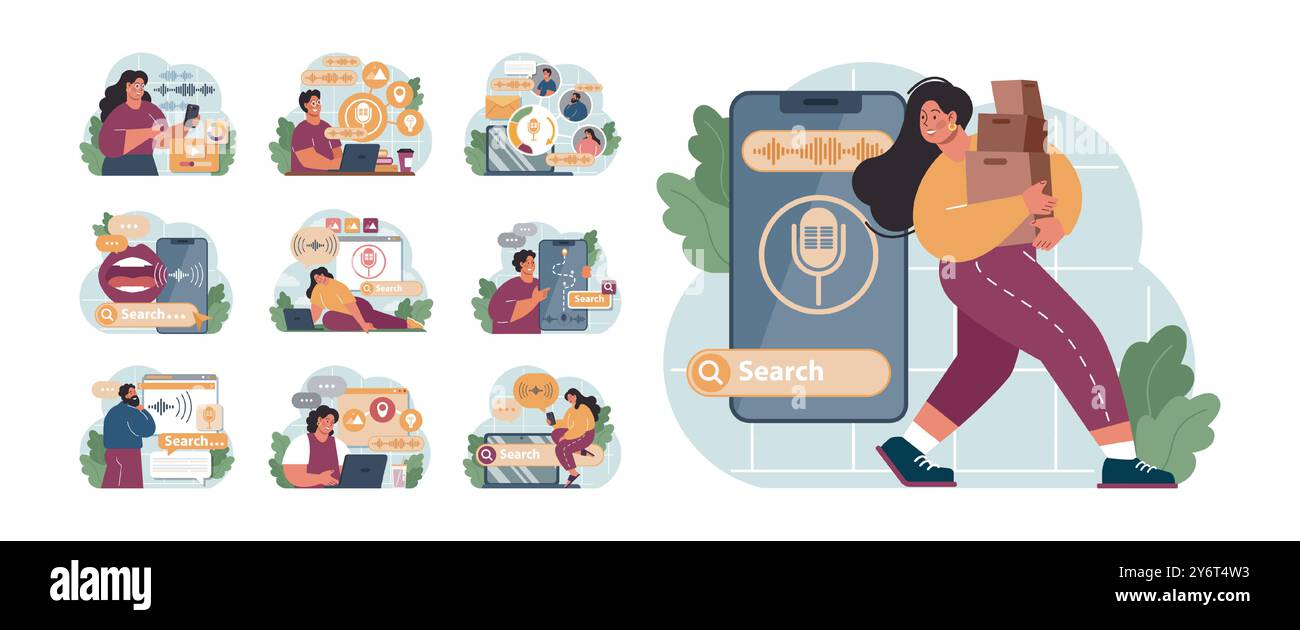 Voice search set. Artificial intelligence virtual assistant. Character ...