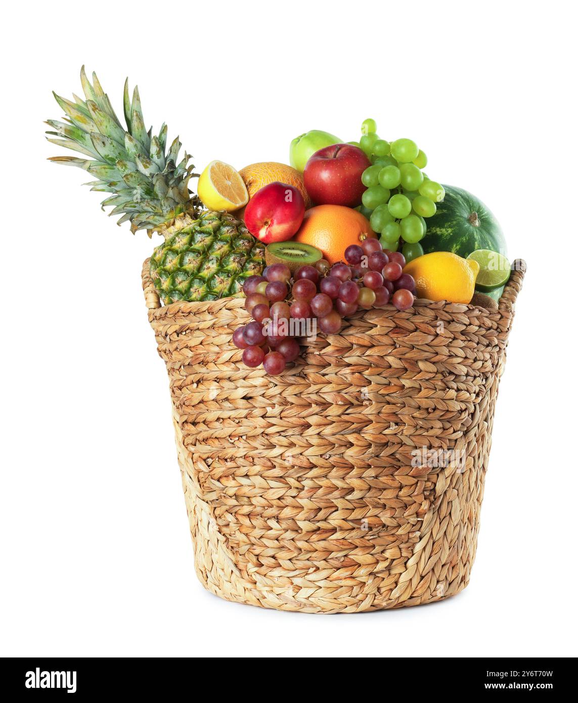Many fresh ripe fruits in basket isolated on white Stock Photo - Alamy