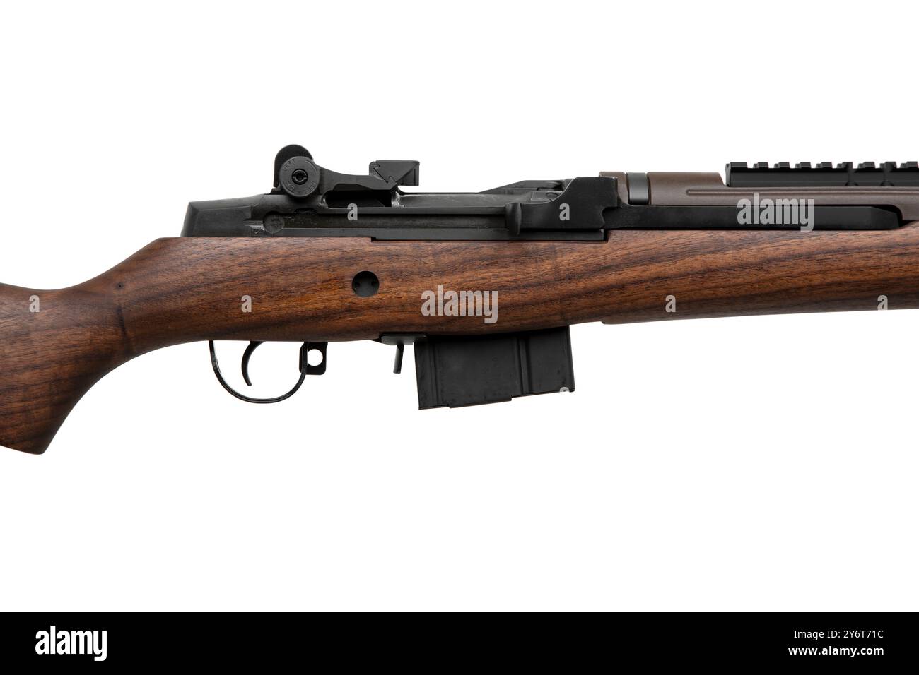 Classic semi-automatic rifle with a wooden stock and black metal parts ...