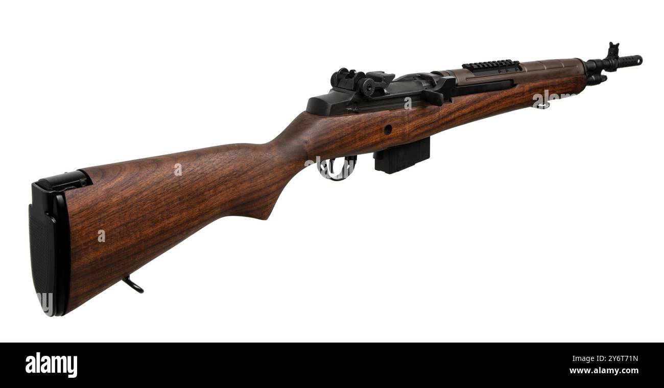 Classic semi-automatic rifle with a wooden stock and black metal parts ...