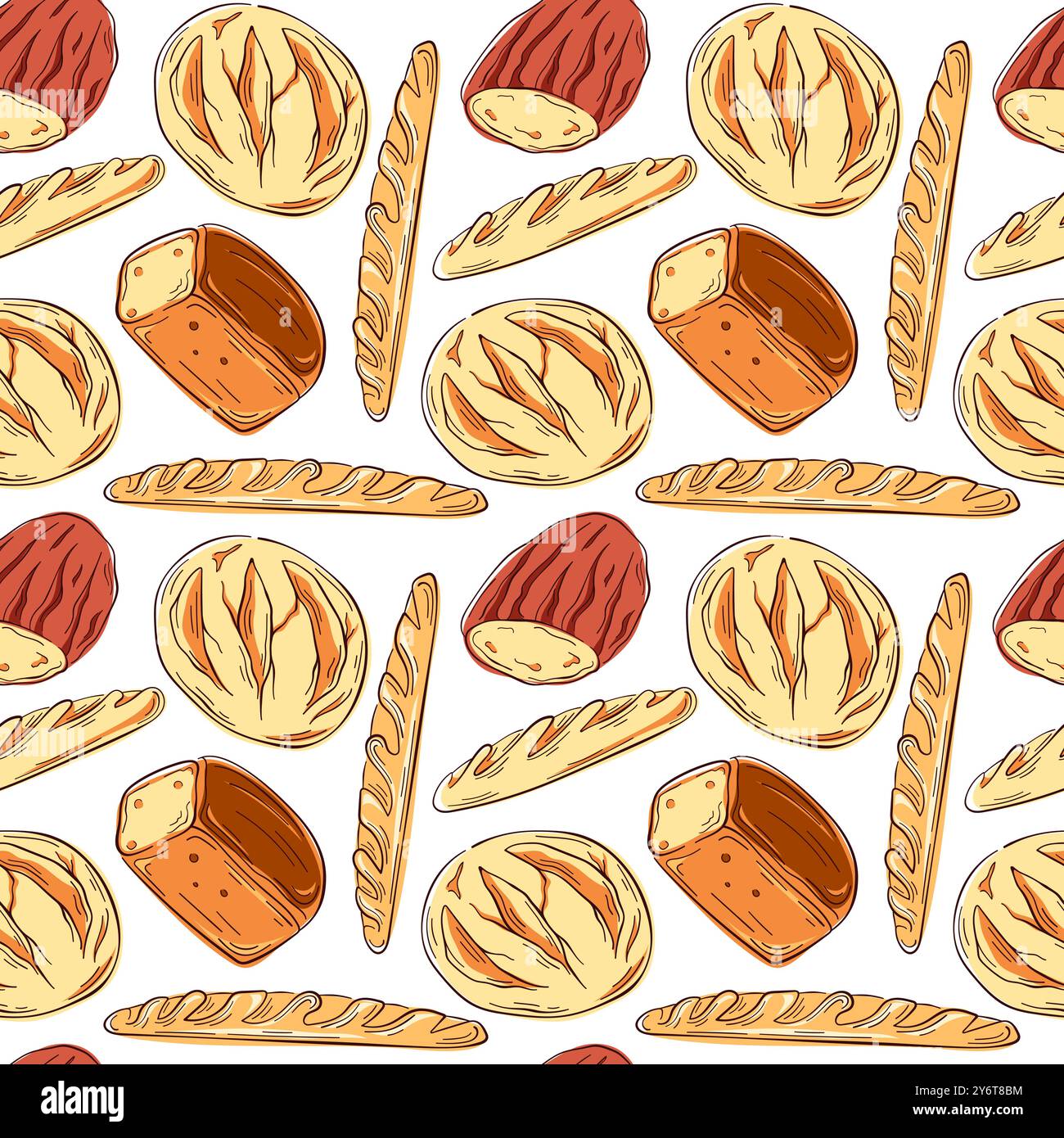 Seamless pattern with various bread types like loaves, baguettes, and ...