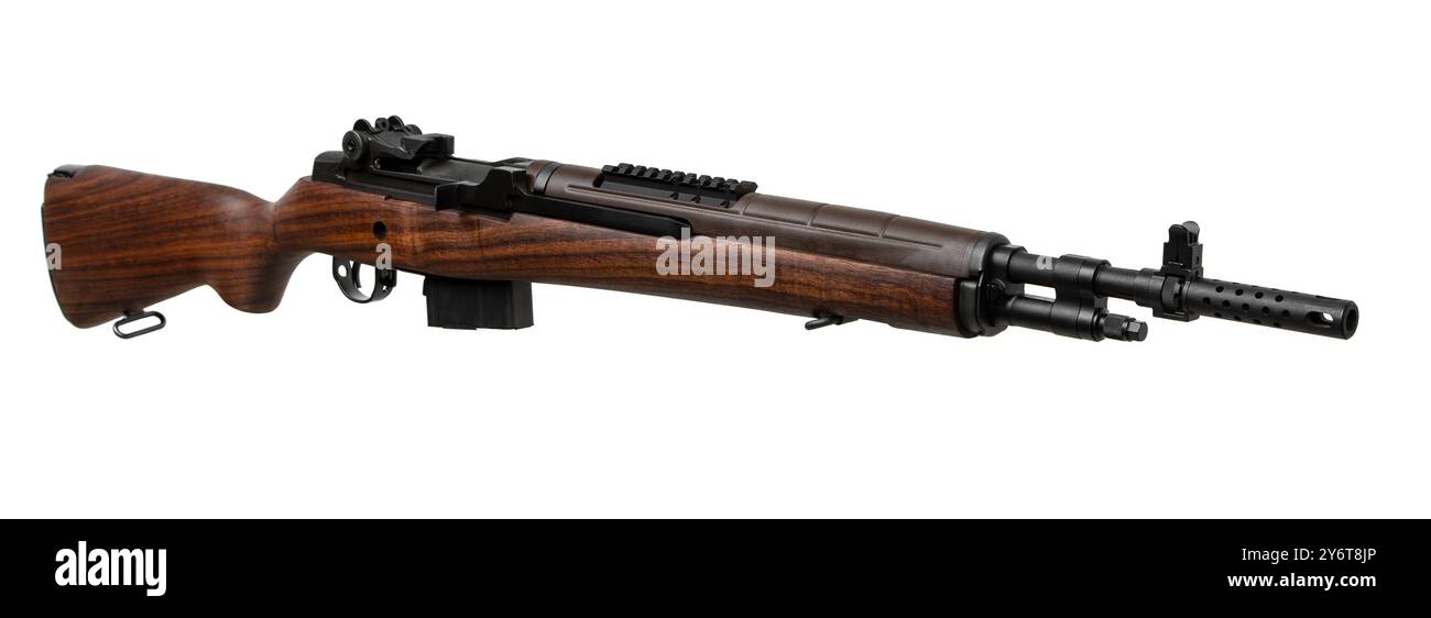 Classic semi-automatic rifle with a wooden stock and black metal parts ...