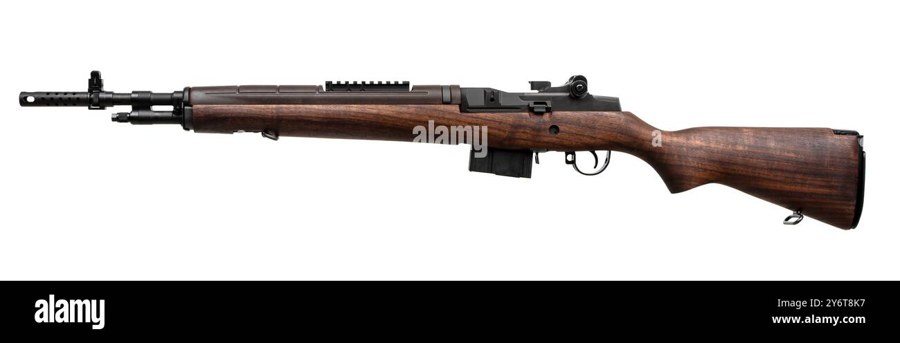 Classic semi-automatic rifle with a wooden stock and black metal parts ...