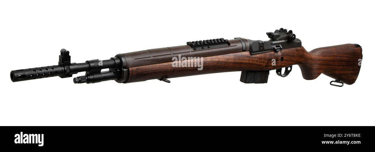 Classic semi-automatic rifle with a wooden stock and black metal parts ...