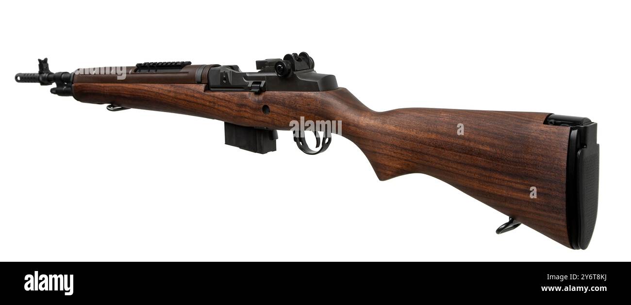 Classic semi-automatic rifle with a wooden stock and black metal parts ...