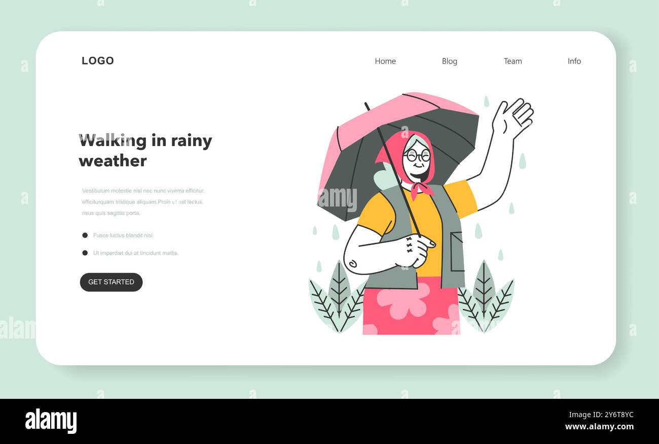 Senior character under the rain web banner or landing page. Rainy and ...